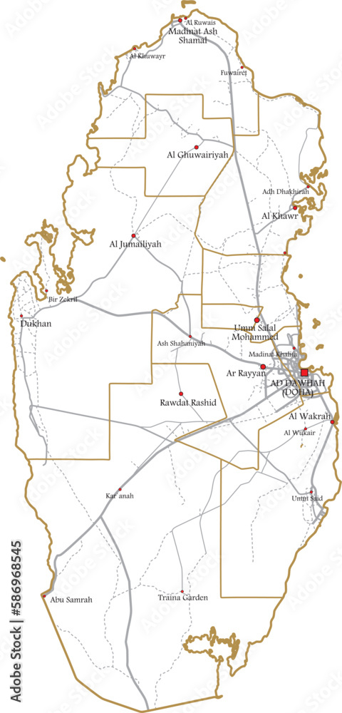Vector contour white map of the State of Qatar. With big cities and ...
