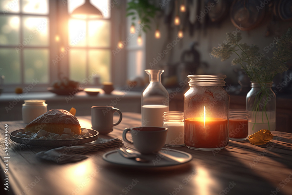 Drink your morning drink. Cozy morning at home. Wood table top island ...