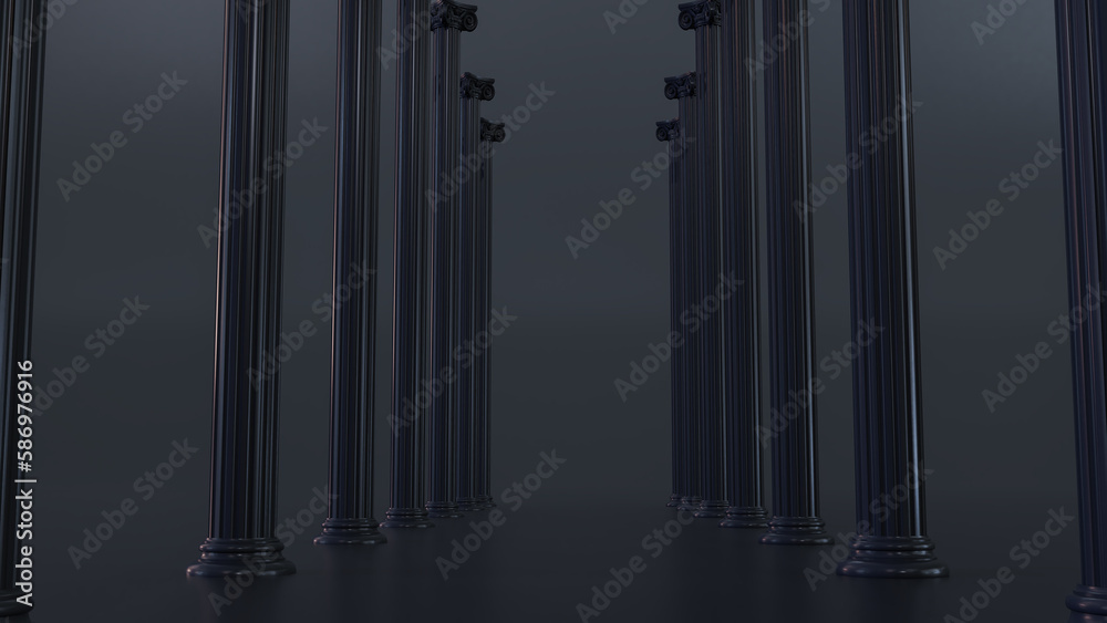hall with black marble columns, dark passage of columns. 3D render ...