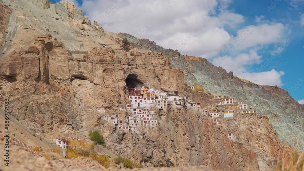 4K shot of Phugtal Monastery made in a natural cave near Purne village ...