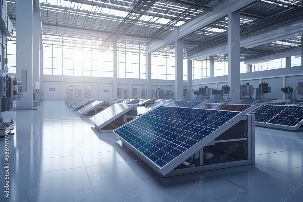 The sleek solar panel assembly line uses automated technology to ensure ...