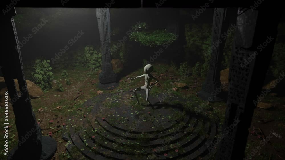 3D Animation Alien Dancing in the middle of an ancient Weed Forest ...
