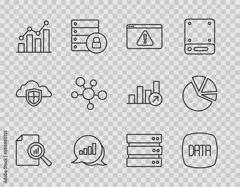 Vetor de Set line Document with graph chart, Data analysis, Browser exclamation mark, Pie ...