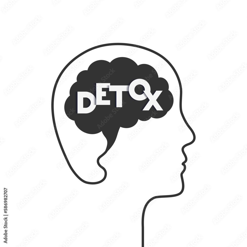 Brain detox concept with head, brain and letters. Detoxification of ...