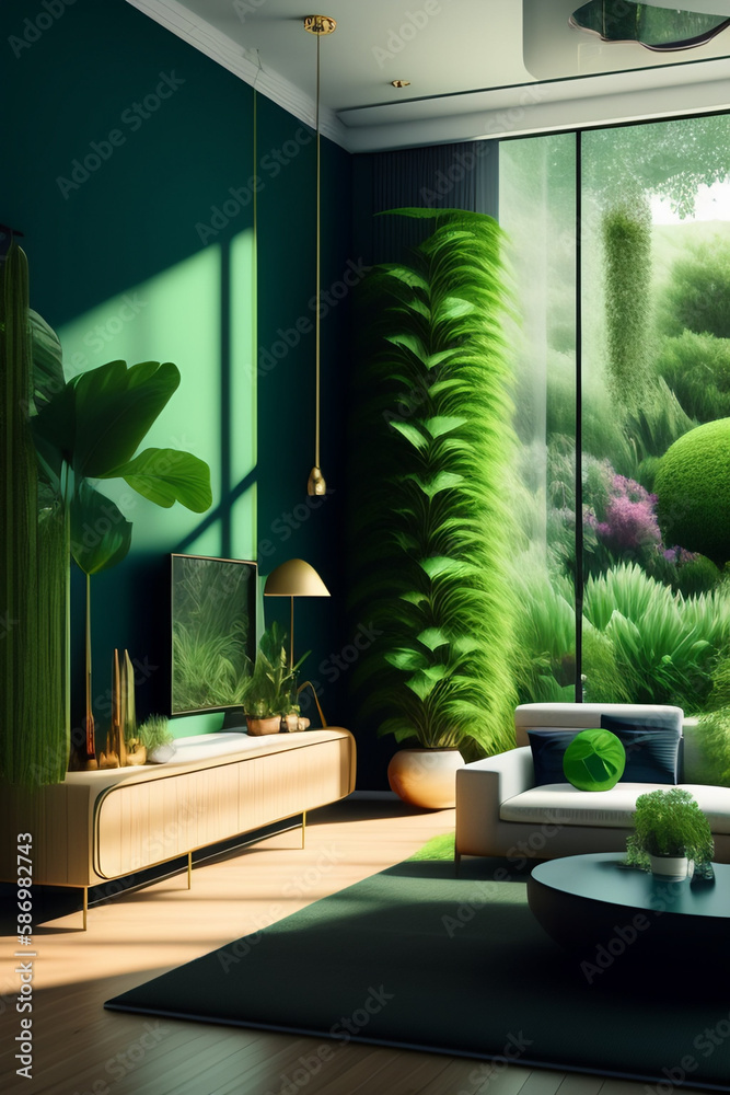 Interior of a modern living room with lots of green plants. Biophilic ...