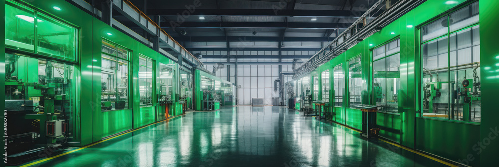 A modern factory with glass enclosed cutting and milling machines ...