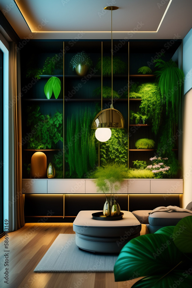 Interior of a modern living room with lots of green plants. Biophilic ...