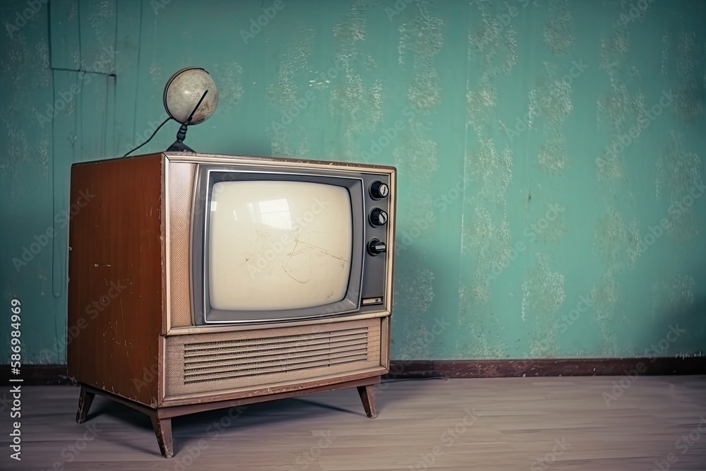 Retro TV Room with Antique Screen on Grooved Painted Wall Background ...