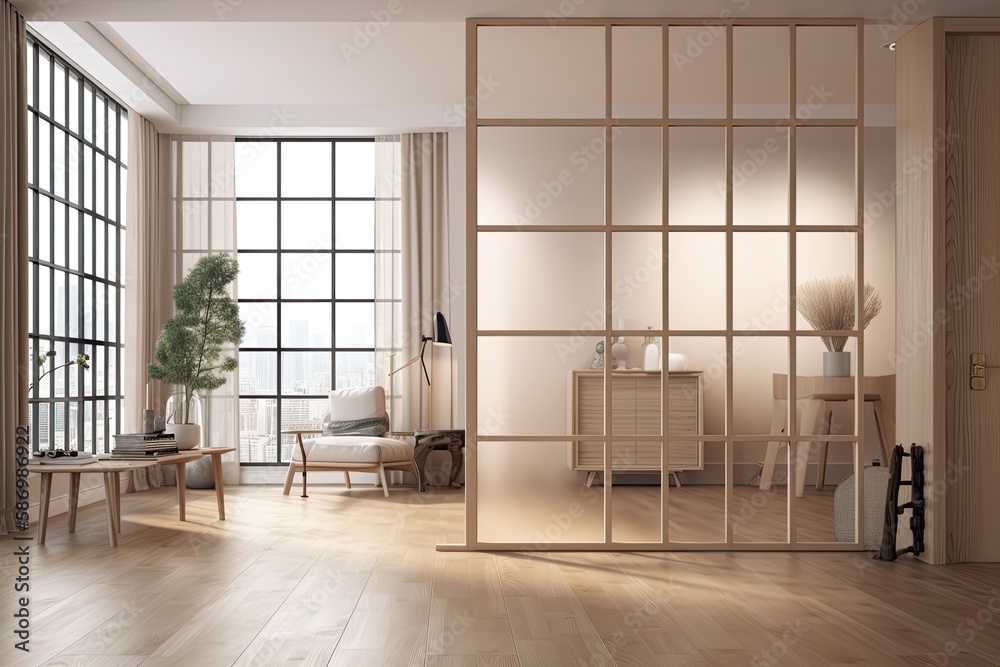 Two banners with a light beige partition wall, sideboard, and panoramic ...