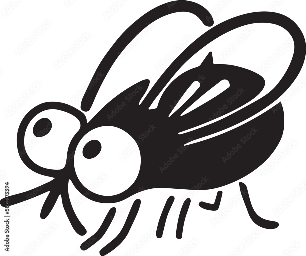 Black cartoon fly contour silhouette on white background. Fly with big ...