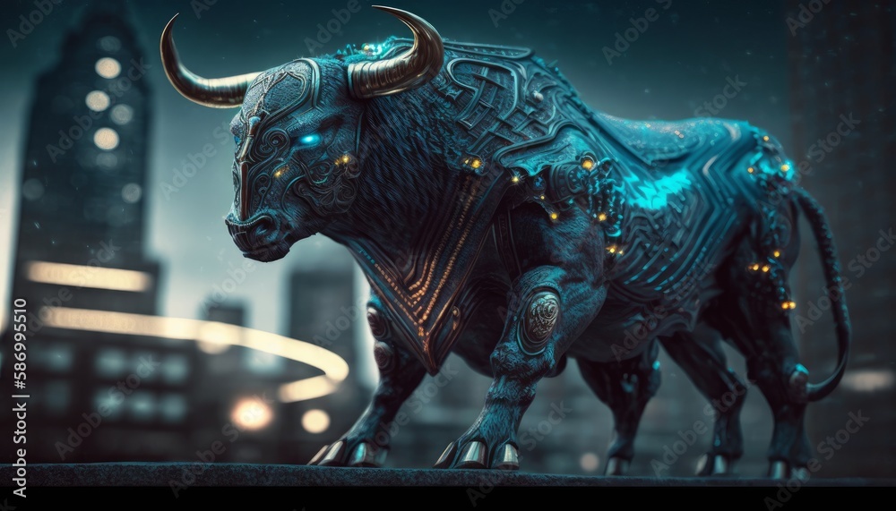 Cyberpunk, a mechanical bull cyborg made of metal and modern ...