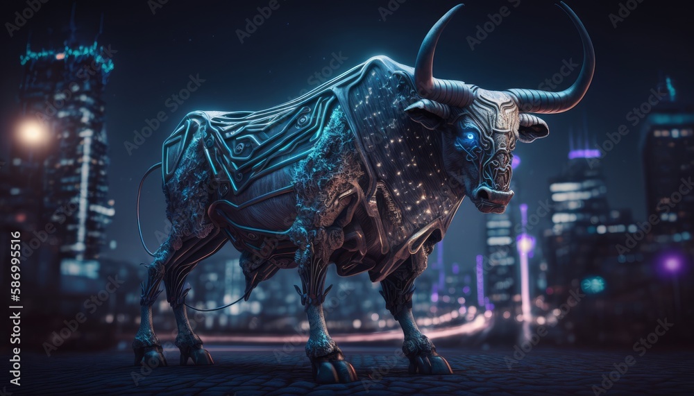 Cyberpunk, a mechanical bull cyborg made of metal and modern ...