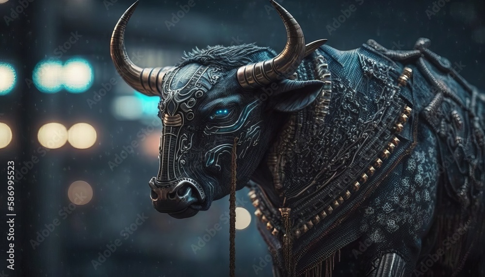 Cyberpunk, a mechanical bull cyborg made of metal and modern ...