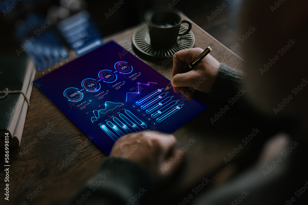 Daily work report writing on a digital paper infographics dashboard ...