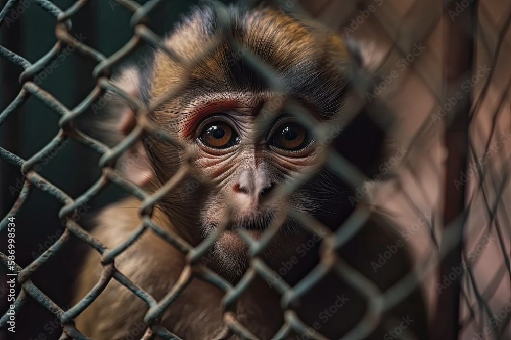 In a zoo, a little monkey cub and his relatives are enclosed in a cage ...
