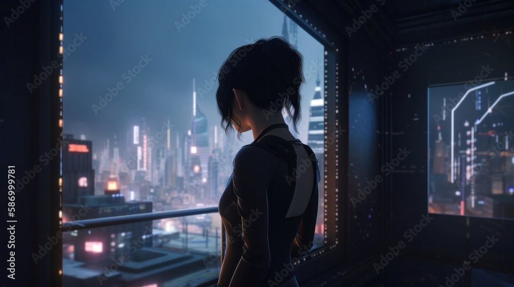Woman looking out of a window in a skyscraper watching a cyberpunk city ...