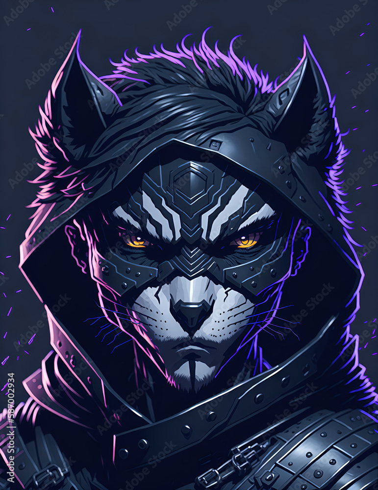 A portrait Illustration of a cat ninja warrior with a black face, a ...