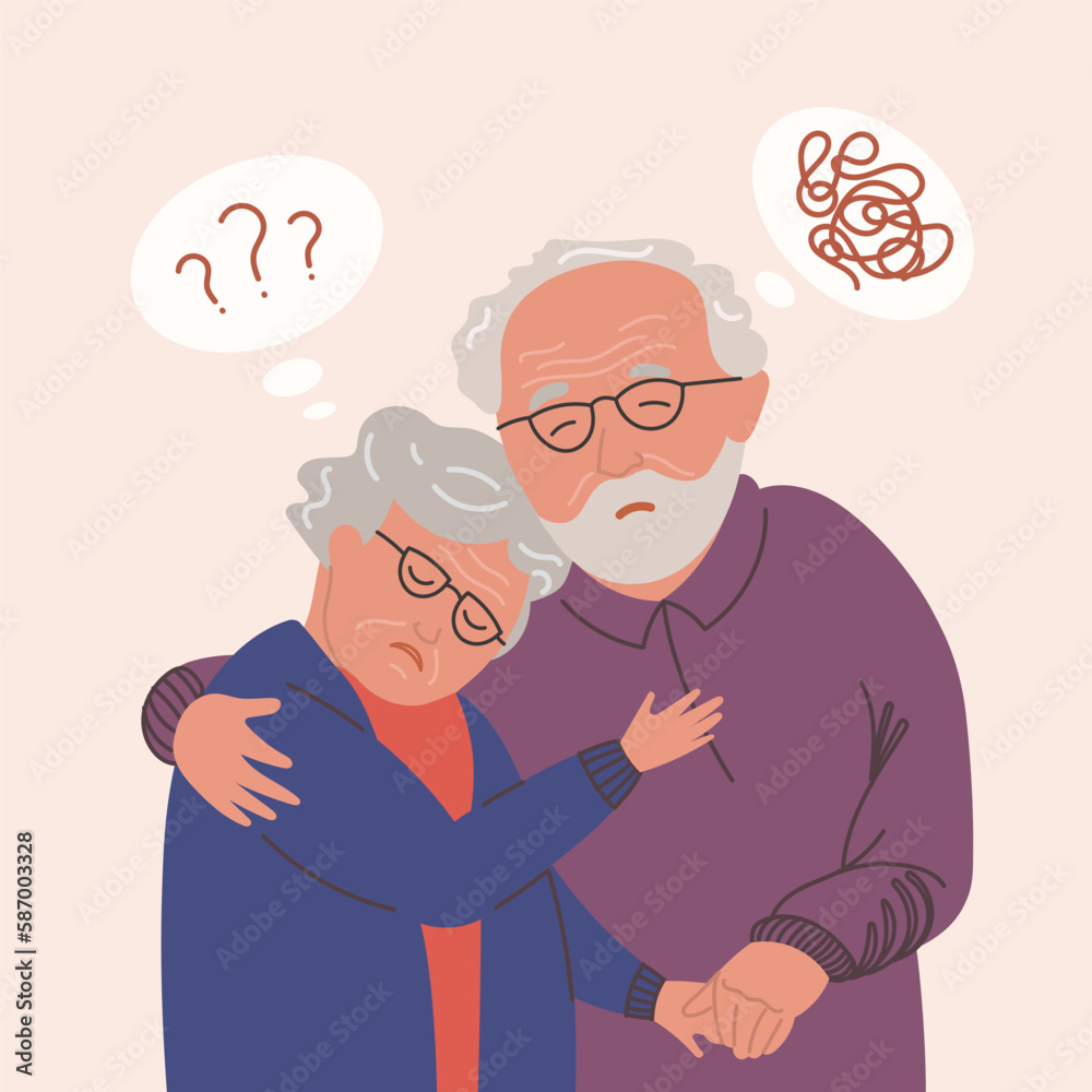 Old adult couple anxiety mental health vector illustration. Anxious and ...
