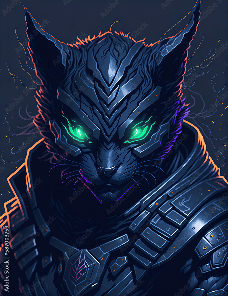 A portrait Illustration of a cat ninja warrior with a black face, a ...
