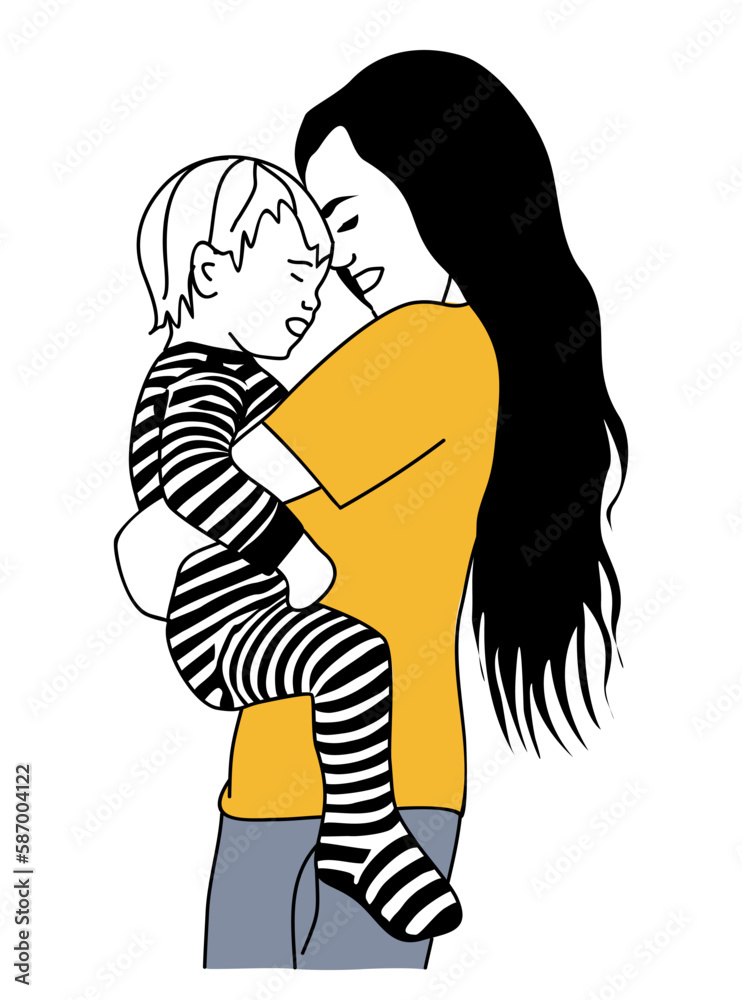 Young mother holding baby side view. Motherhood concept. Happy Mothers ...