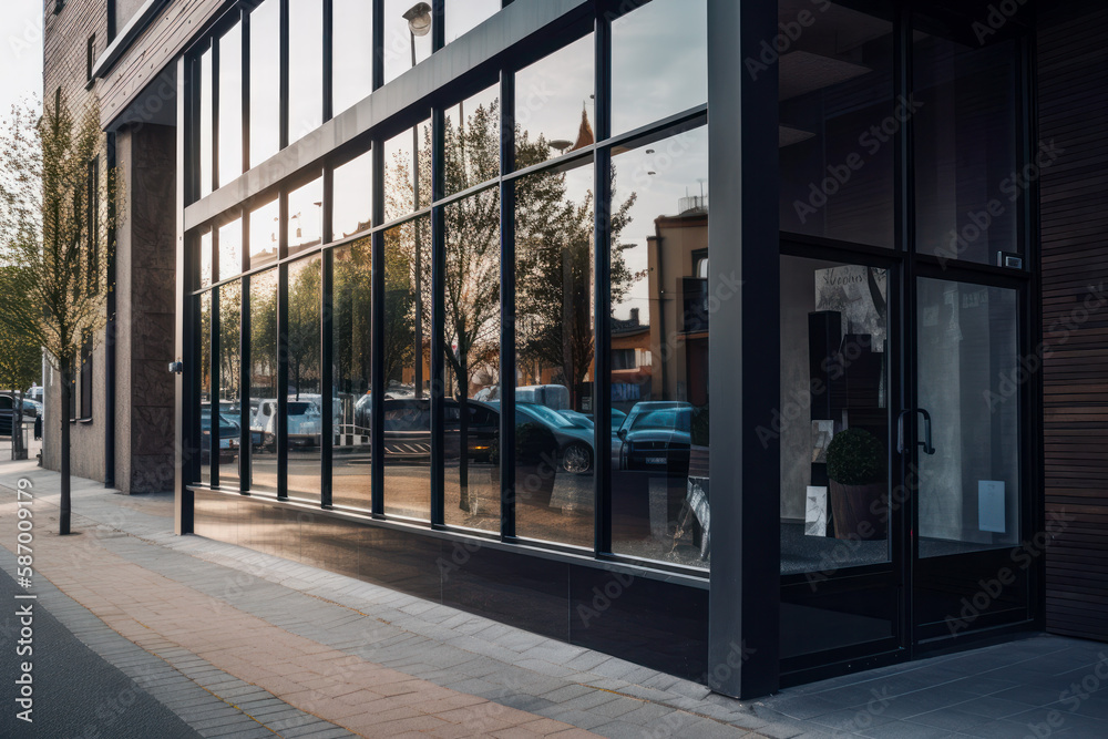 Contemporary urban storefront with large windows. Street view in ...
