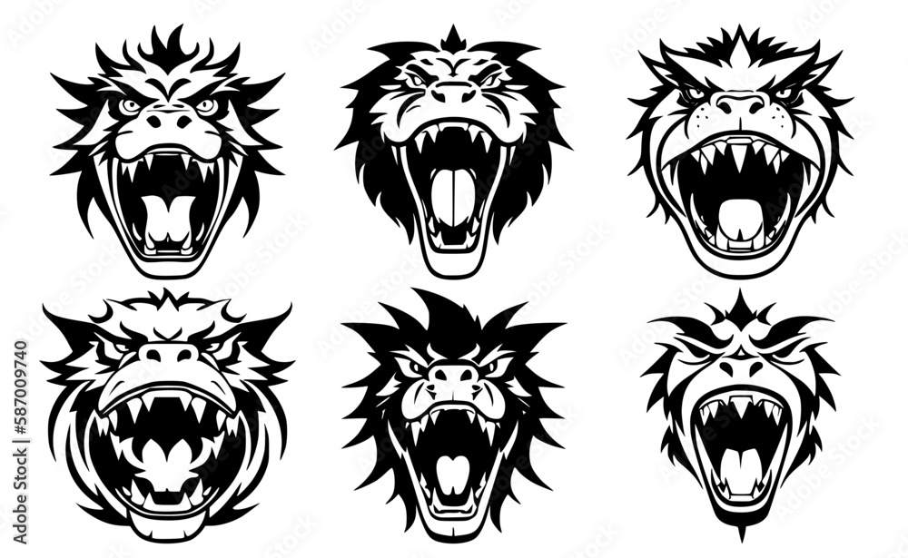 Set of China dragon heads with open mouth and bared fangs, with ...