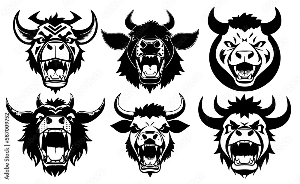 Set of horned cow heads with open mouth and bared fangs, with different ...
