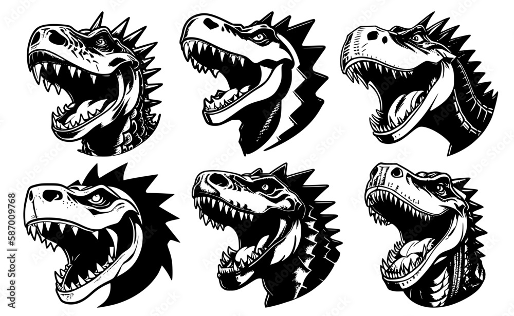 Set of dinosaur heads with open mouth and bared fangs, with different ...