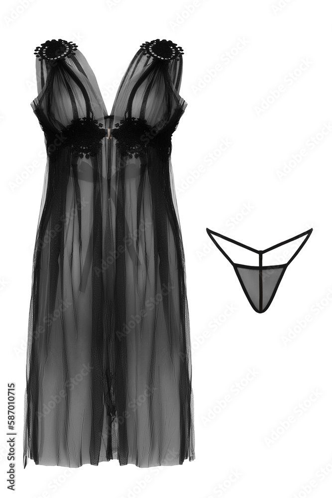 Close Up Shot Of A See Through Lingerie Set Consisting Of A Black Mesh Negligee With A Lace