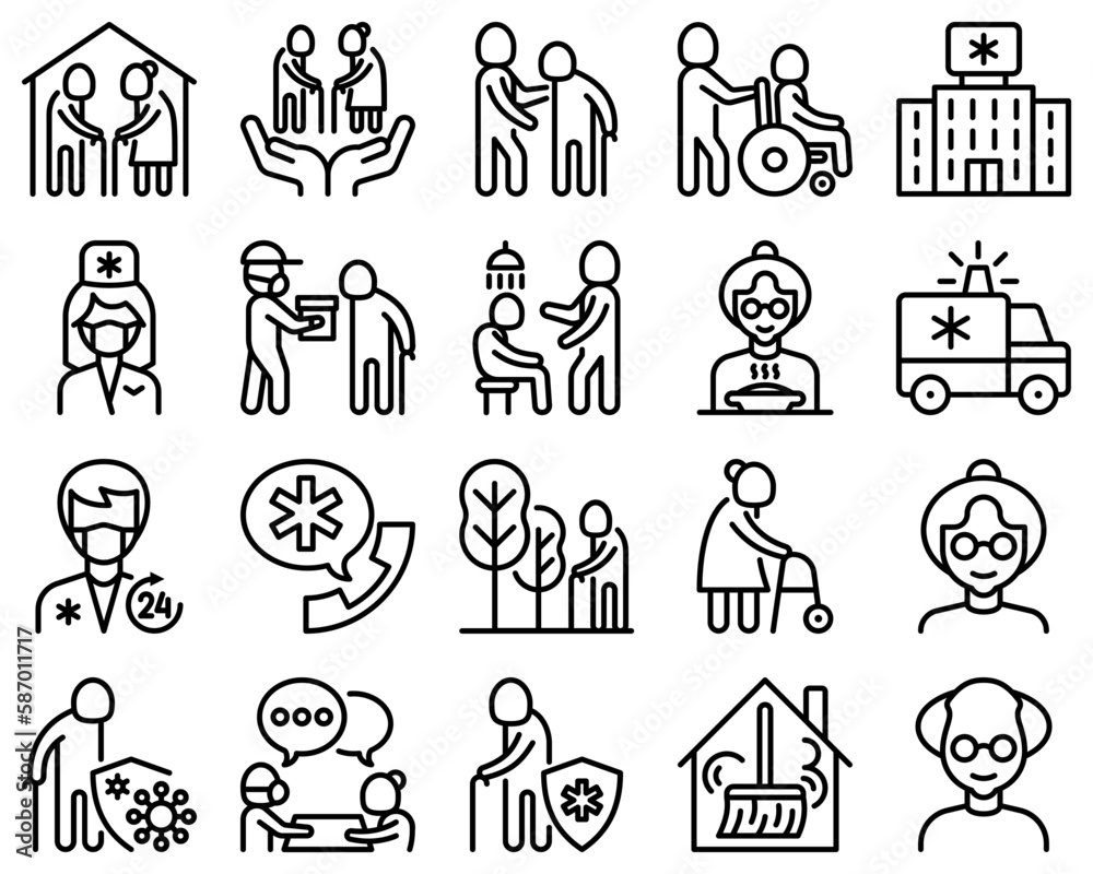 Nursing home for elderly people thin line icons set. Assisted living ...