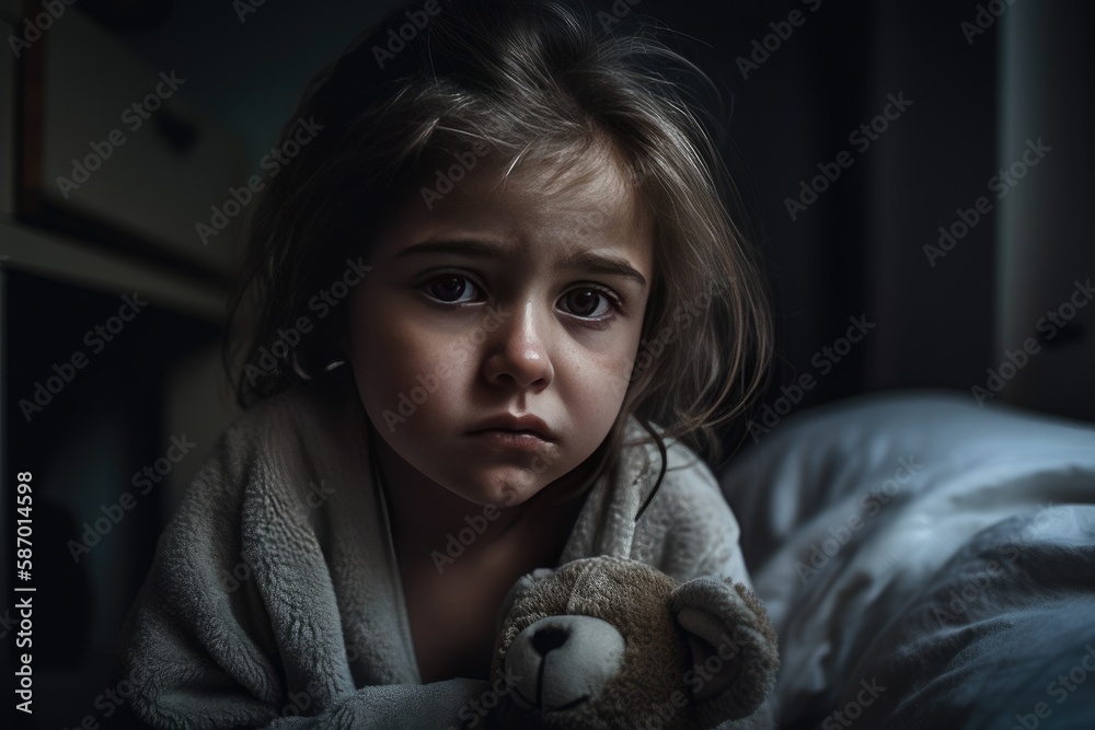 Sad little girl sits alone in her bedroom, clutching a teddy bear to ...