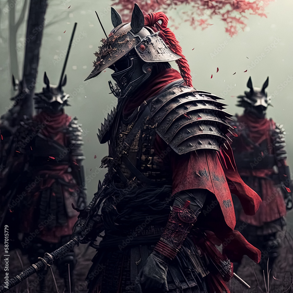 Samurai in the Battlefield in Red Armor with Soldiers, Generative AI ...