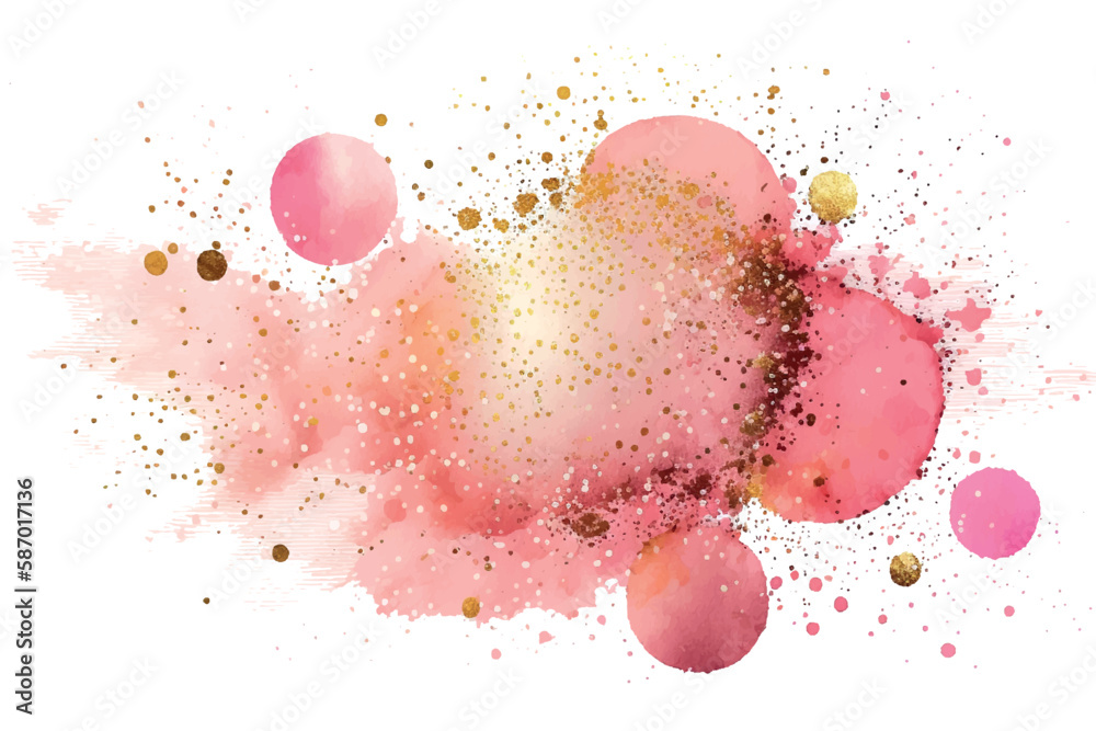 hand painted splash wet pink watercolor splash golden glitter Stock ...