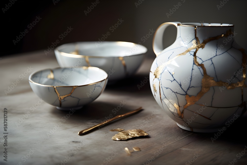 Kintsugi Japanese Gold Repaired Porcelain Bowl digital render Stock ...