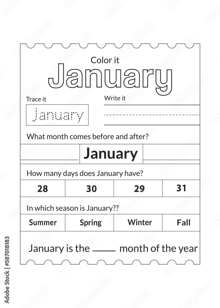 Days Of The Week and month Worksheet Stock Vector | Adobe Stock