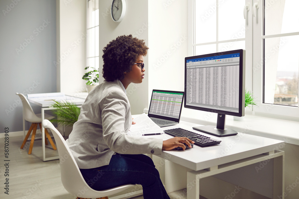 Female accountant working on office computers. Young African American ...