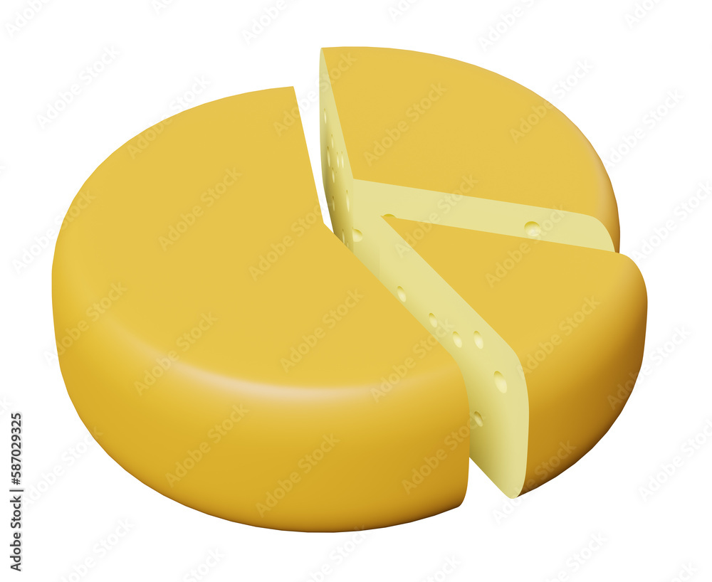 Wheel of cheese cut into pieces, 3d rendering. Cheese, dairy products ...