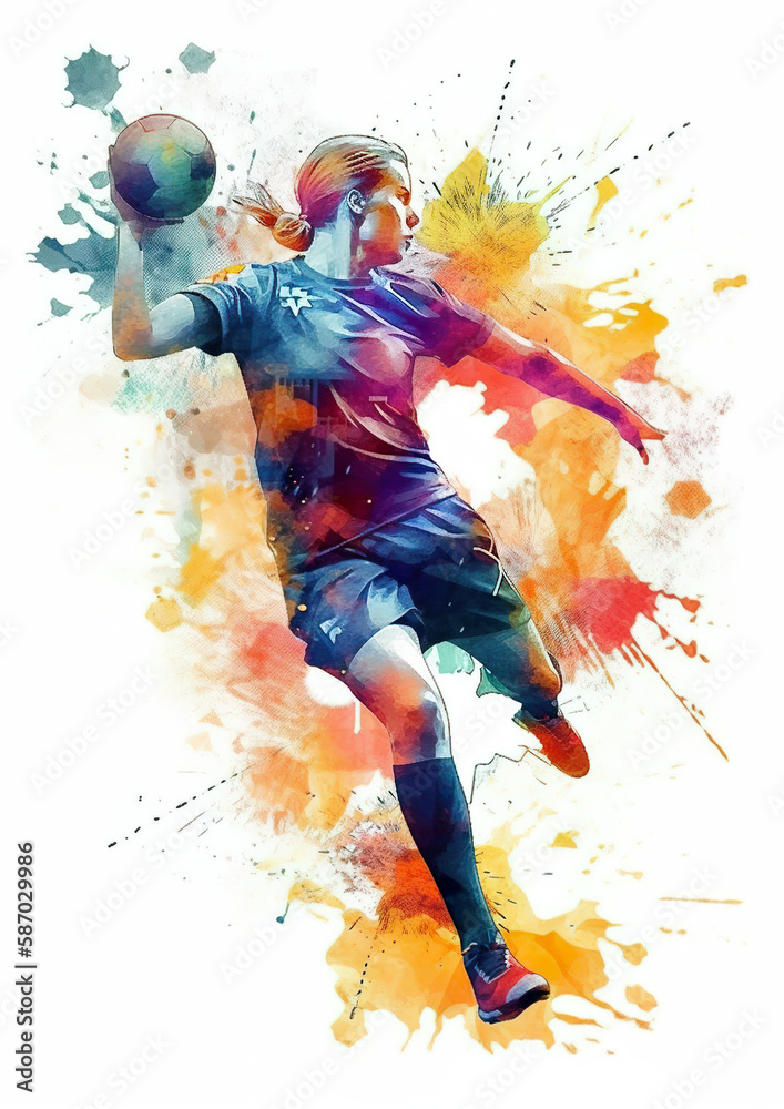Watercolor abstract illustration of handball. Handball in action with ...