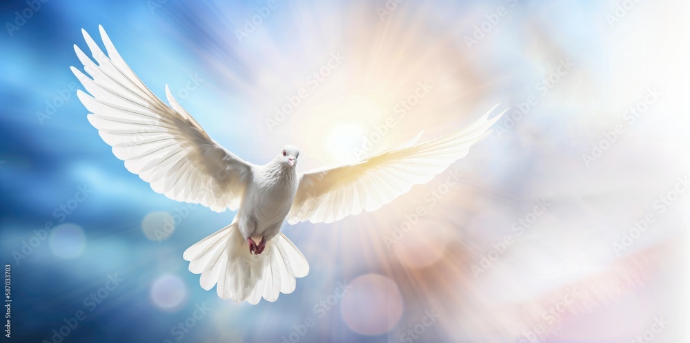 Holy Spirit dove flying with open wings with blurred background and ...
