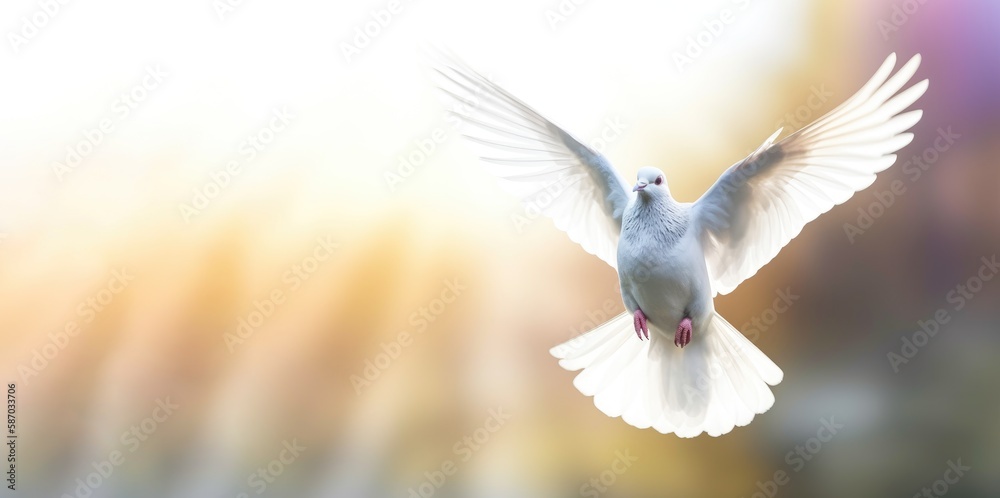 Holy Spirit dove flying with open wings with blurred background and ...