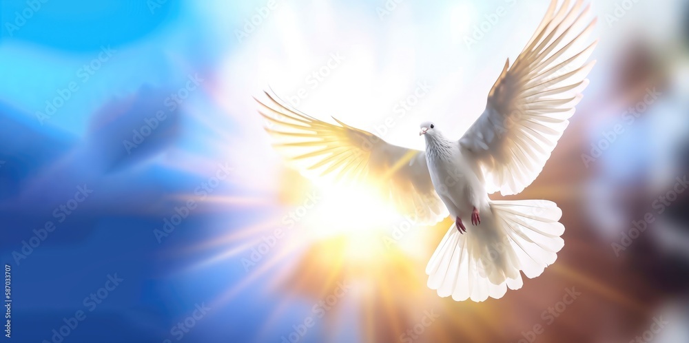 Holy Spirit dove flying with open wings with blurred background and ...