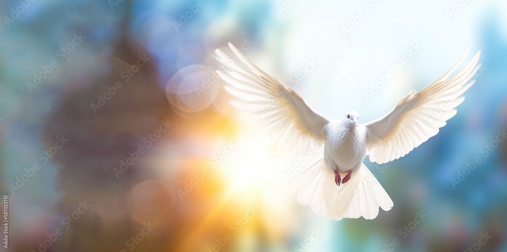 Holy Spirit dove flying with open wings with blurred background and ...