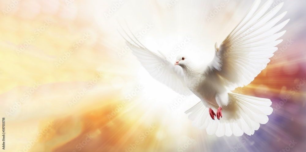 Holy Spirit dove flying with open wings with blurred background and ...