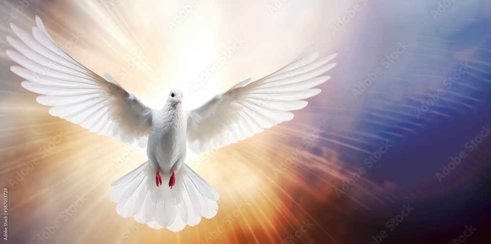 Holy Spirit dove flying with open wings with blurred background and ...