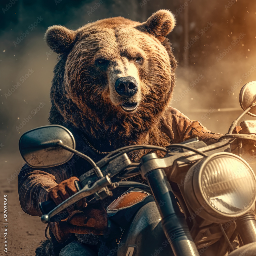 Ilustración de un oso pardo conduciendo una motocicleta por el bosque ...