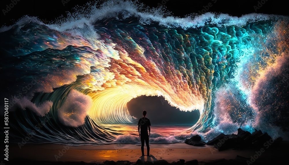 In the face of a massive tsunami ocean surge, a lone individual remains ...