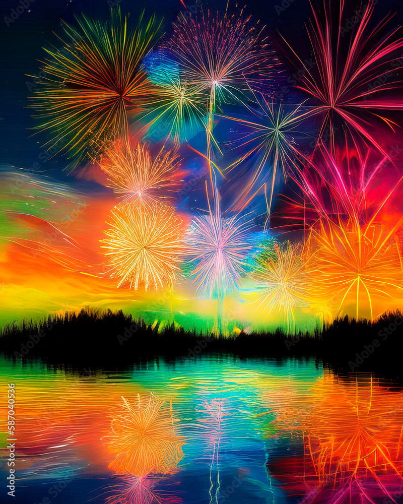 illustration of fireworks in the night sky with reflection in the water ...