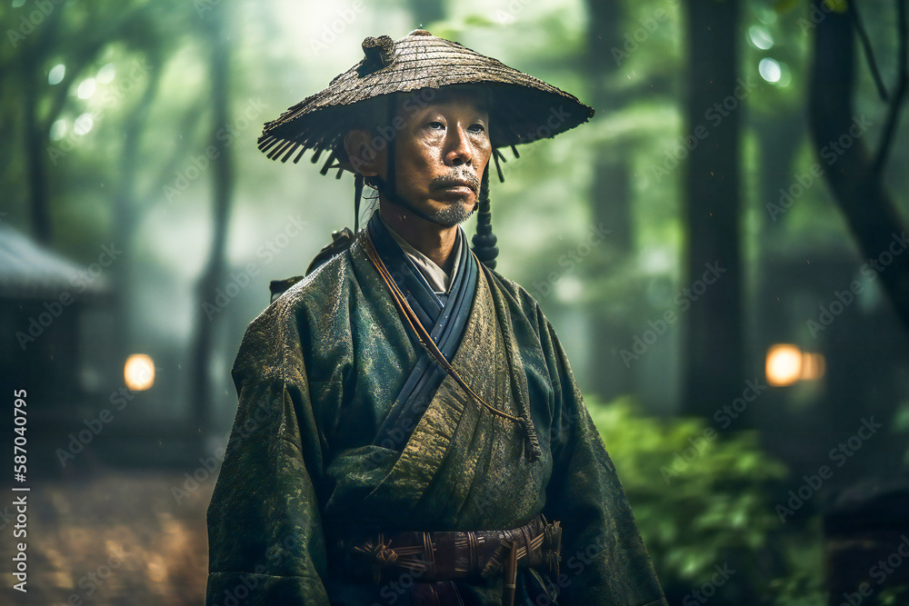 Medieval Japan lone samurai in a green forest. Created with Generative ...