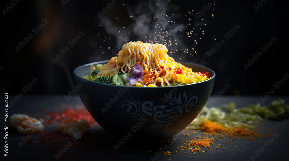 Korean style instant noodle, Shin Ramyeon with minced meat, kimchi ...