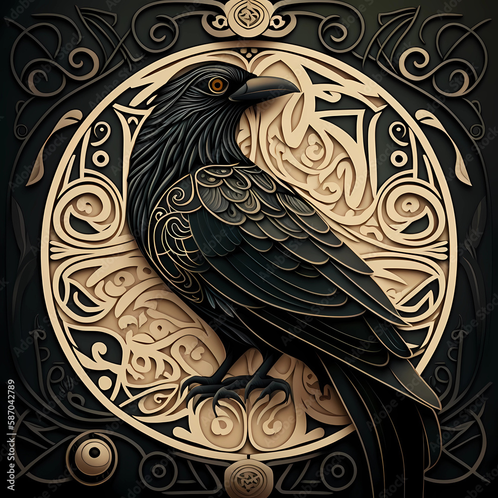 Black crow with golden feathers. Raven from Celtic mythology. Hugin ...